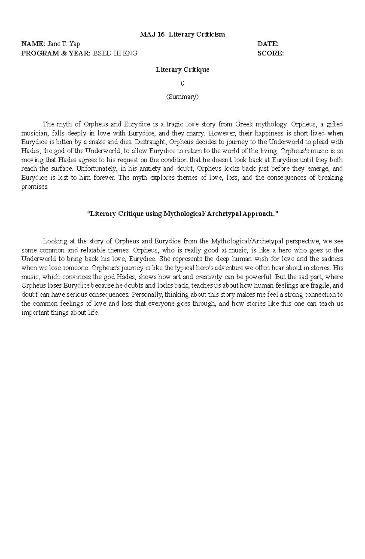 Literary Critique( Orpheus AND Eurydice) - MAJ 16- Literary Criticism ...