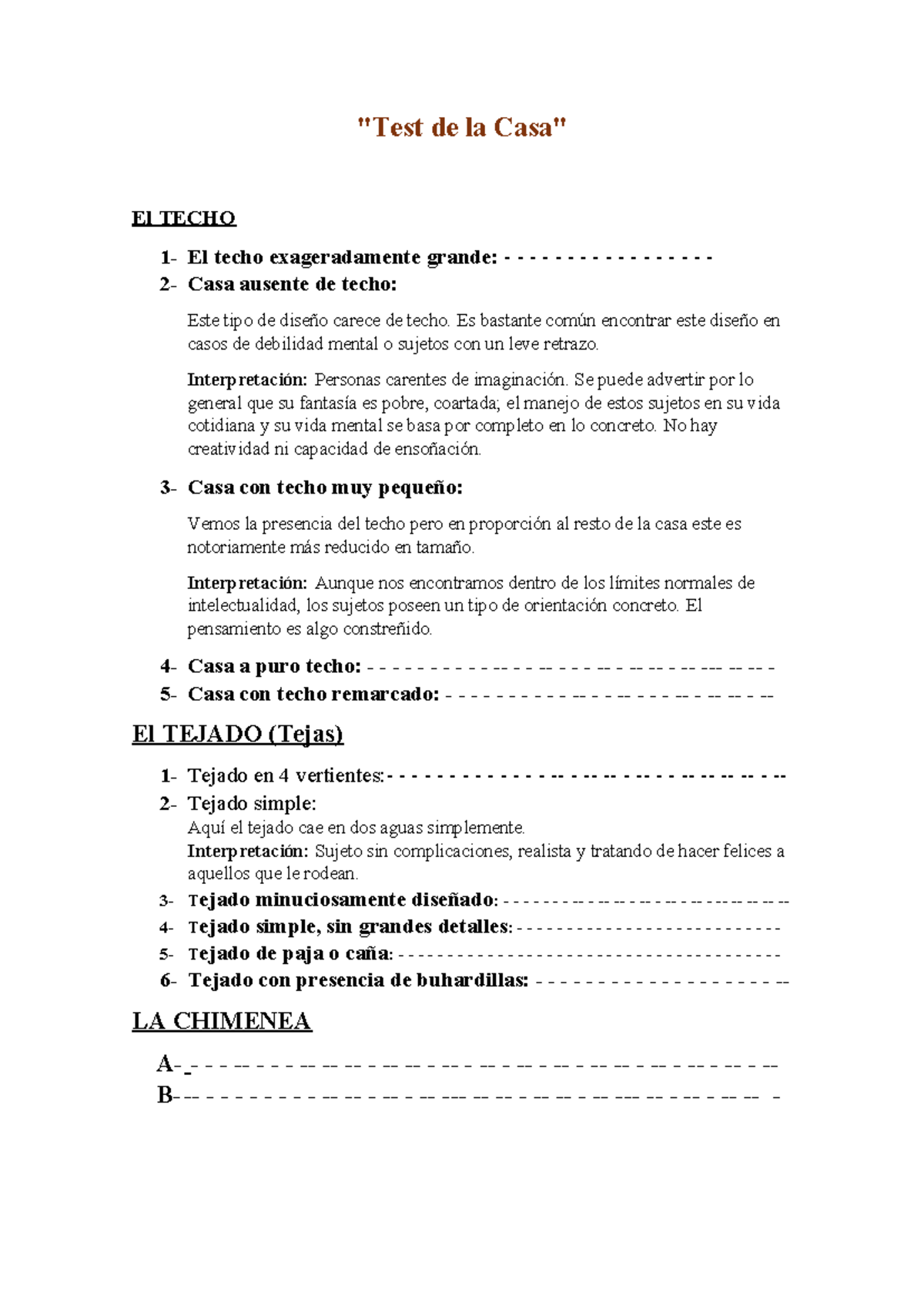 Test de la Casa - Test de la casa - "Test de la Casa" El TECHO 1- El ...