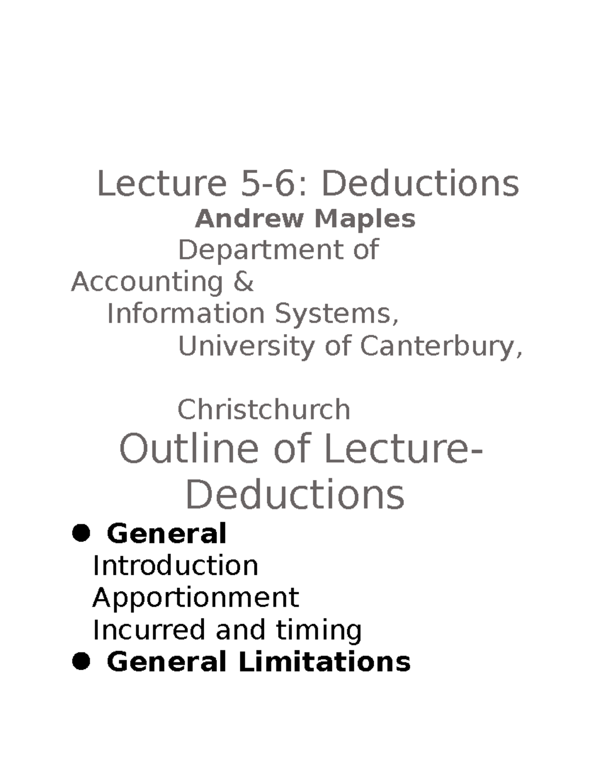 ACCT254 L5 and 6 - ACCT 254: Taxation Lecture 5-6: Deductions Andrew ...