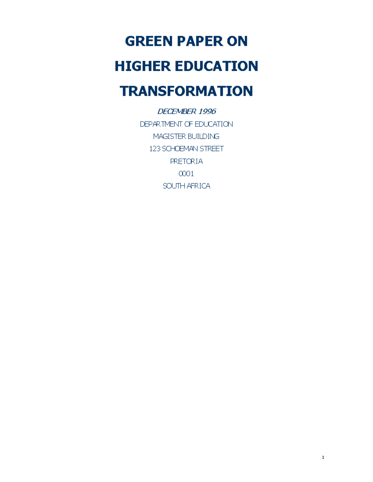 Green Paper on Higher Education Transformation - GREEN PAPER ON HIGHER ...