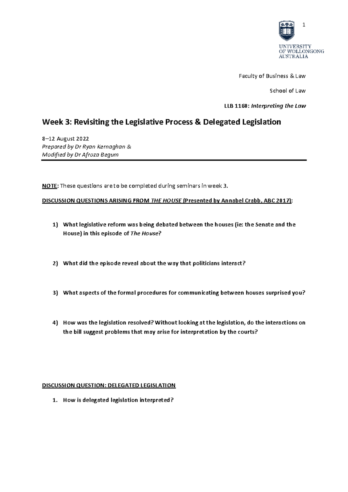 Week 3 Seminar Questions - 1 Faculty of Business & Law School of Law ...