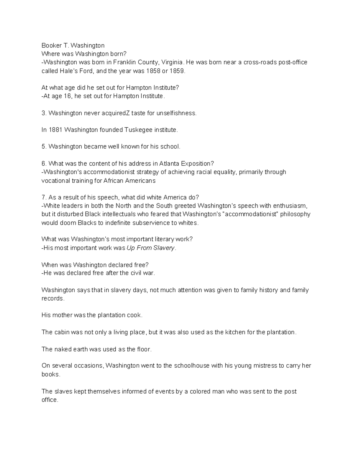 Booker T. Quiz - Iyhgu y - Booker T. Washington Where was Washington ...