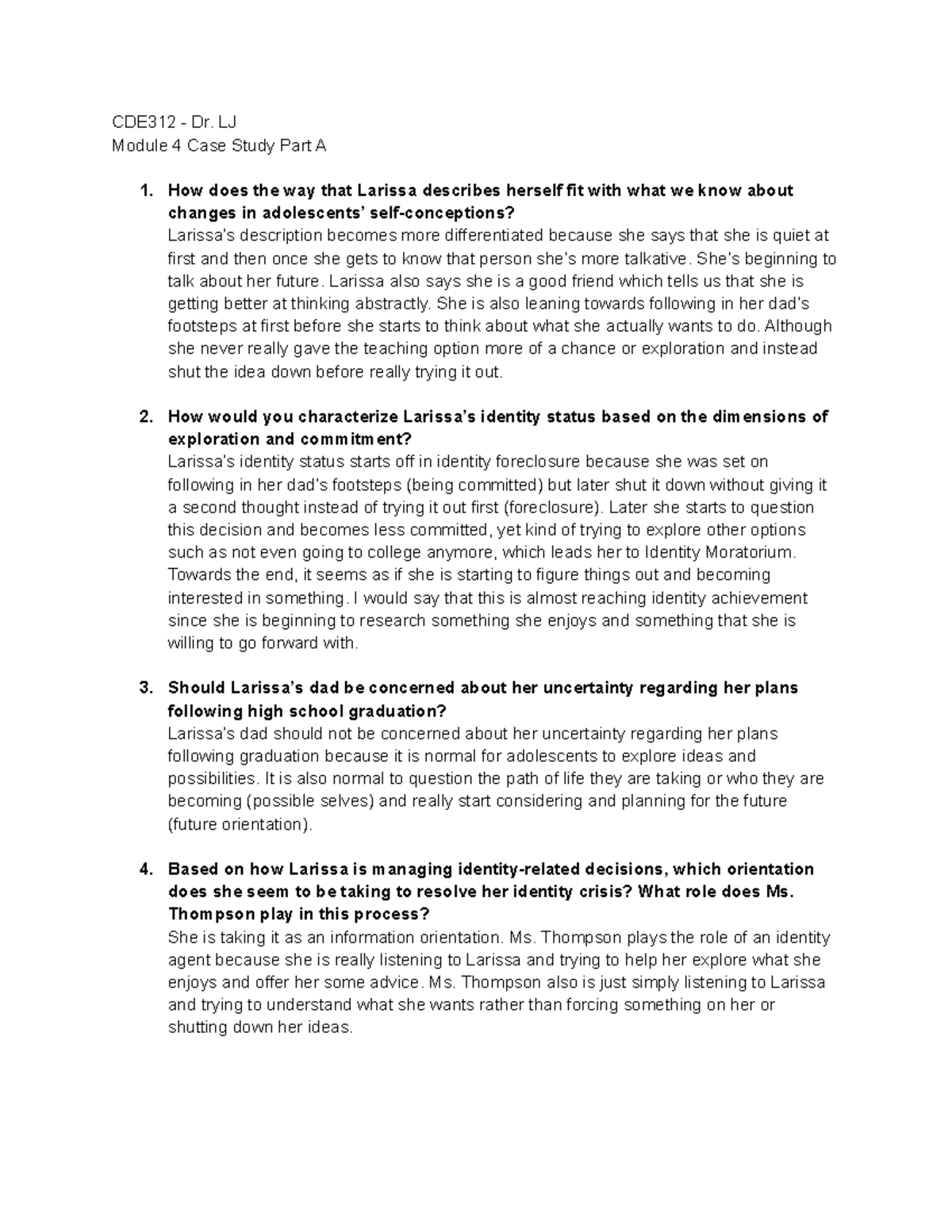 CDE312 CS4A - Case study 4A - Professor LJ - CDE312 - Dr. LJ Module 4 ...