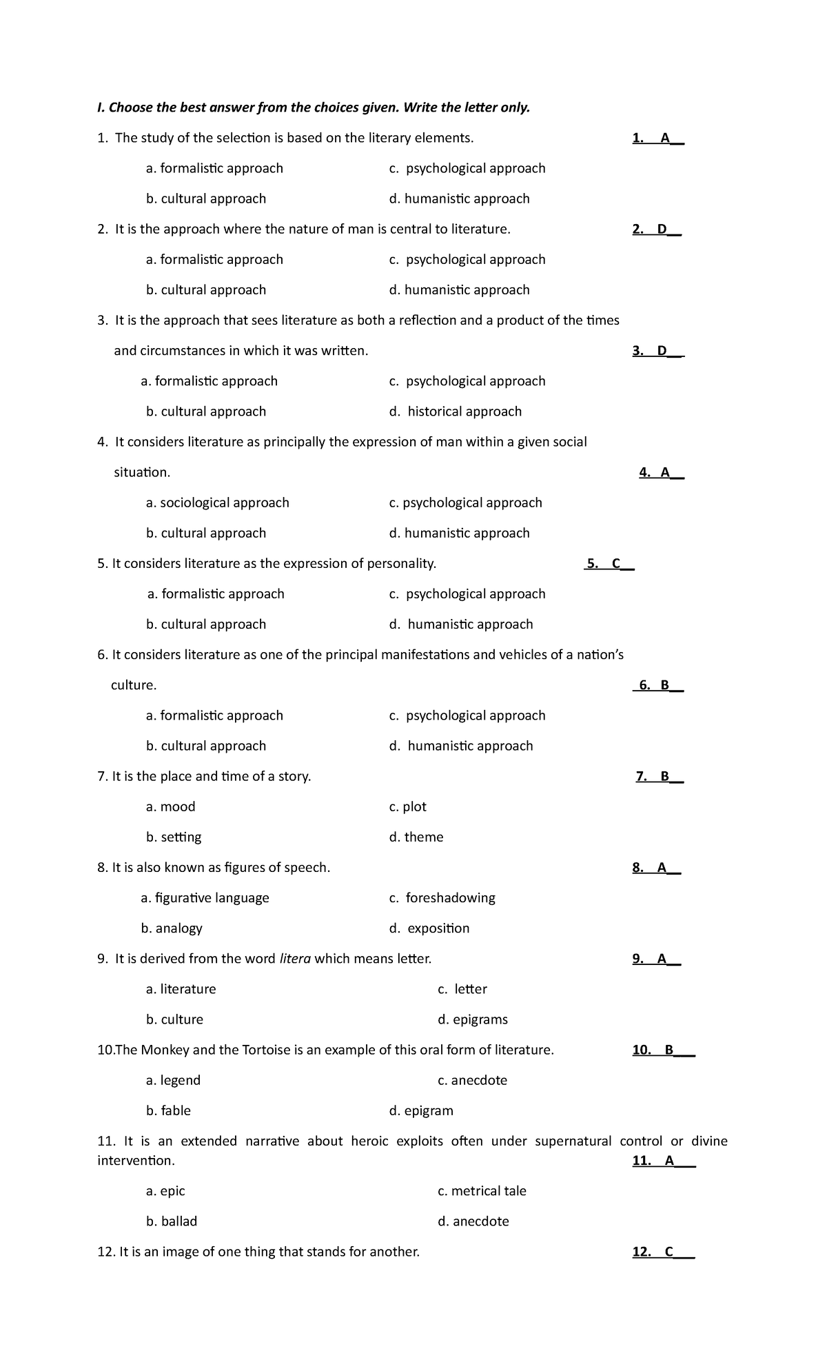 Final Exam LIT - examination in literature. questions. multiple choice ...