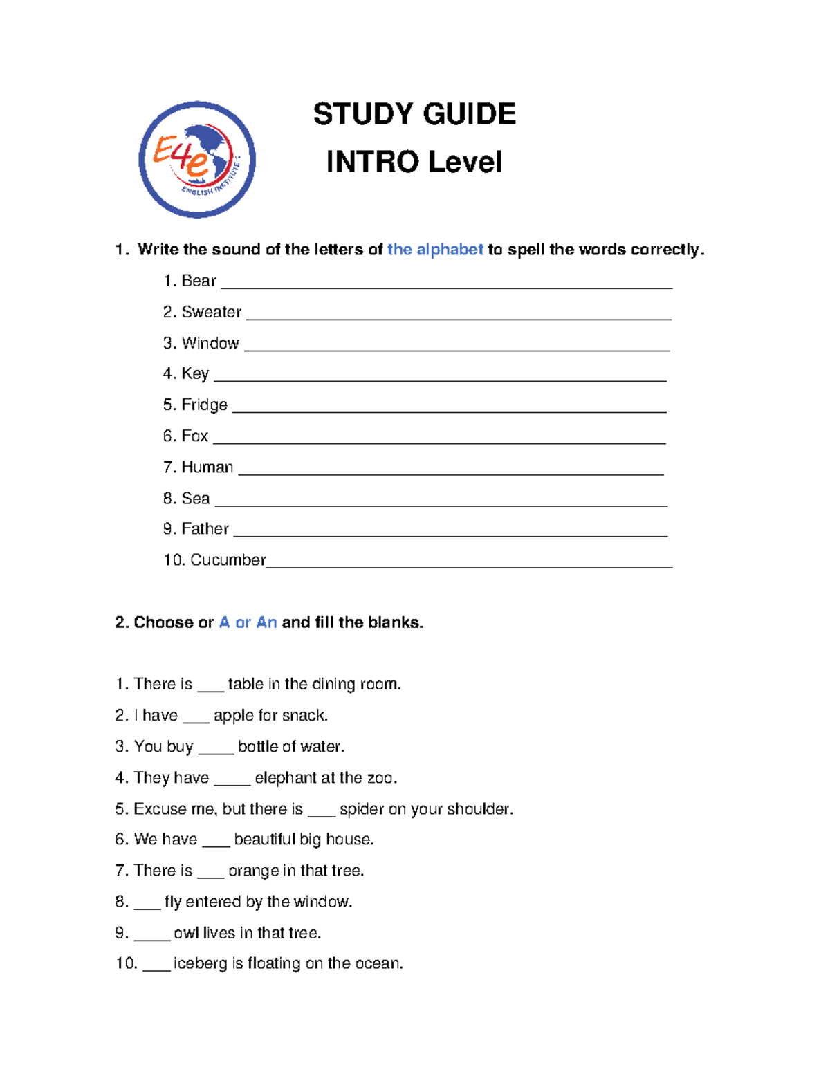 1. Intro Study Guide - STUDY GUIDE INTRO Level Write the sound of the ...