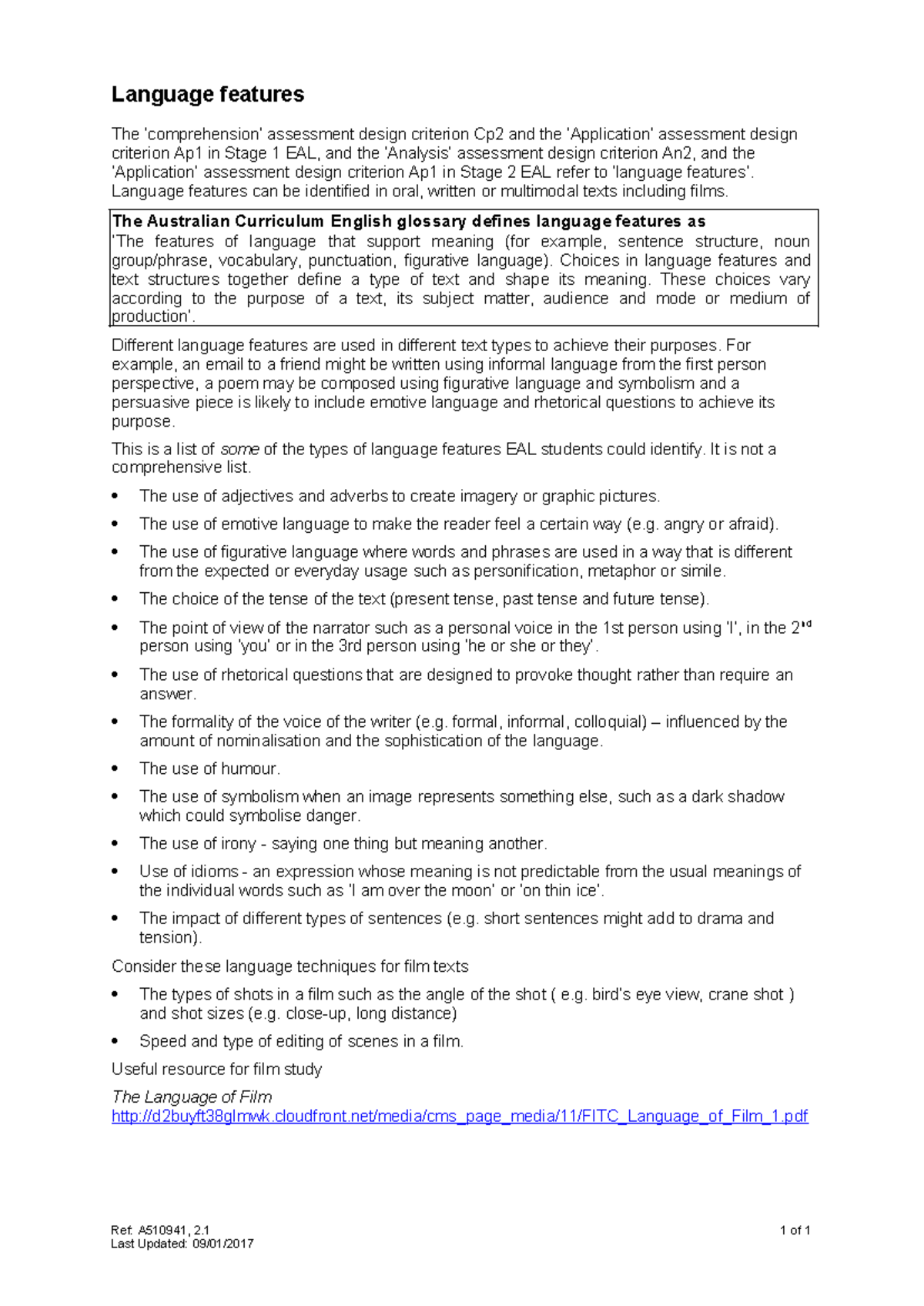 Language features - Language features The ‘comprehension’ assessment ...