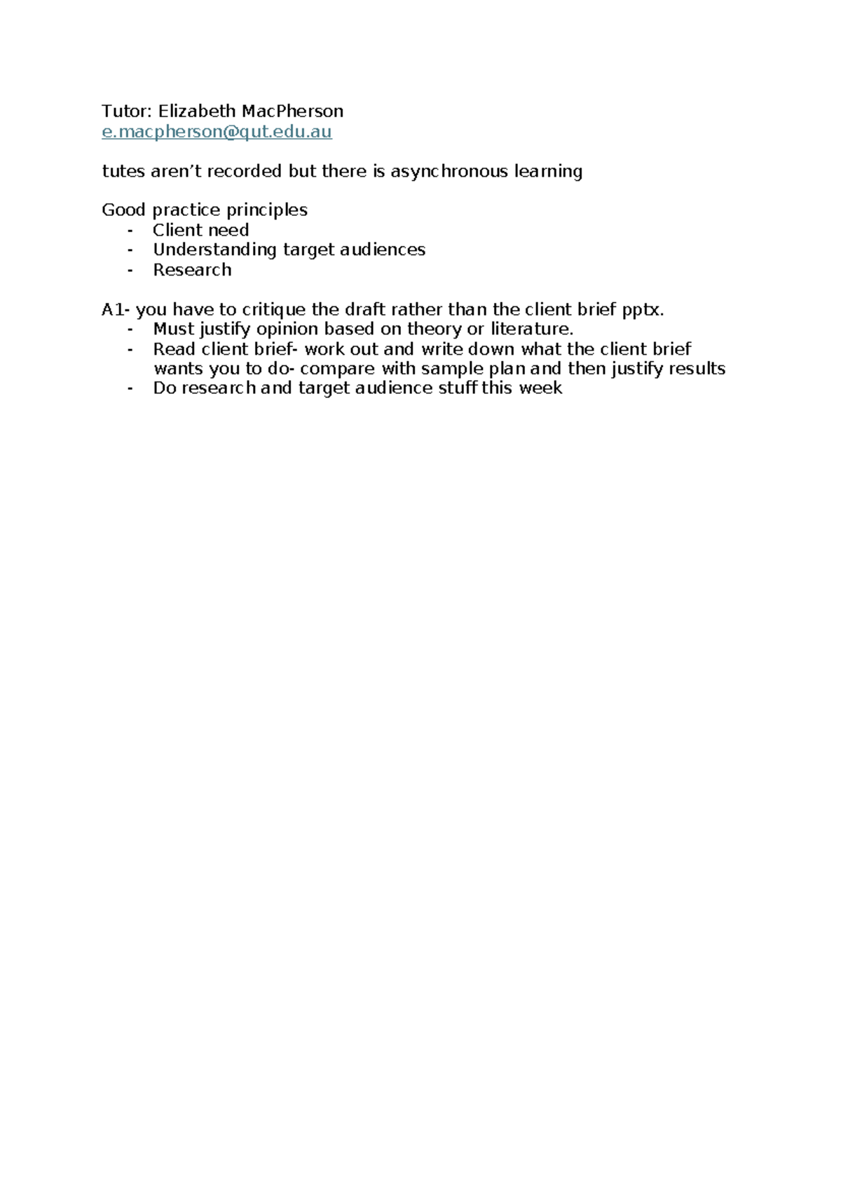 AMB299 Tutorial Week 2 - Tutor: Elizabeth MacPherson e@qut.edu tutes ...