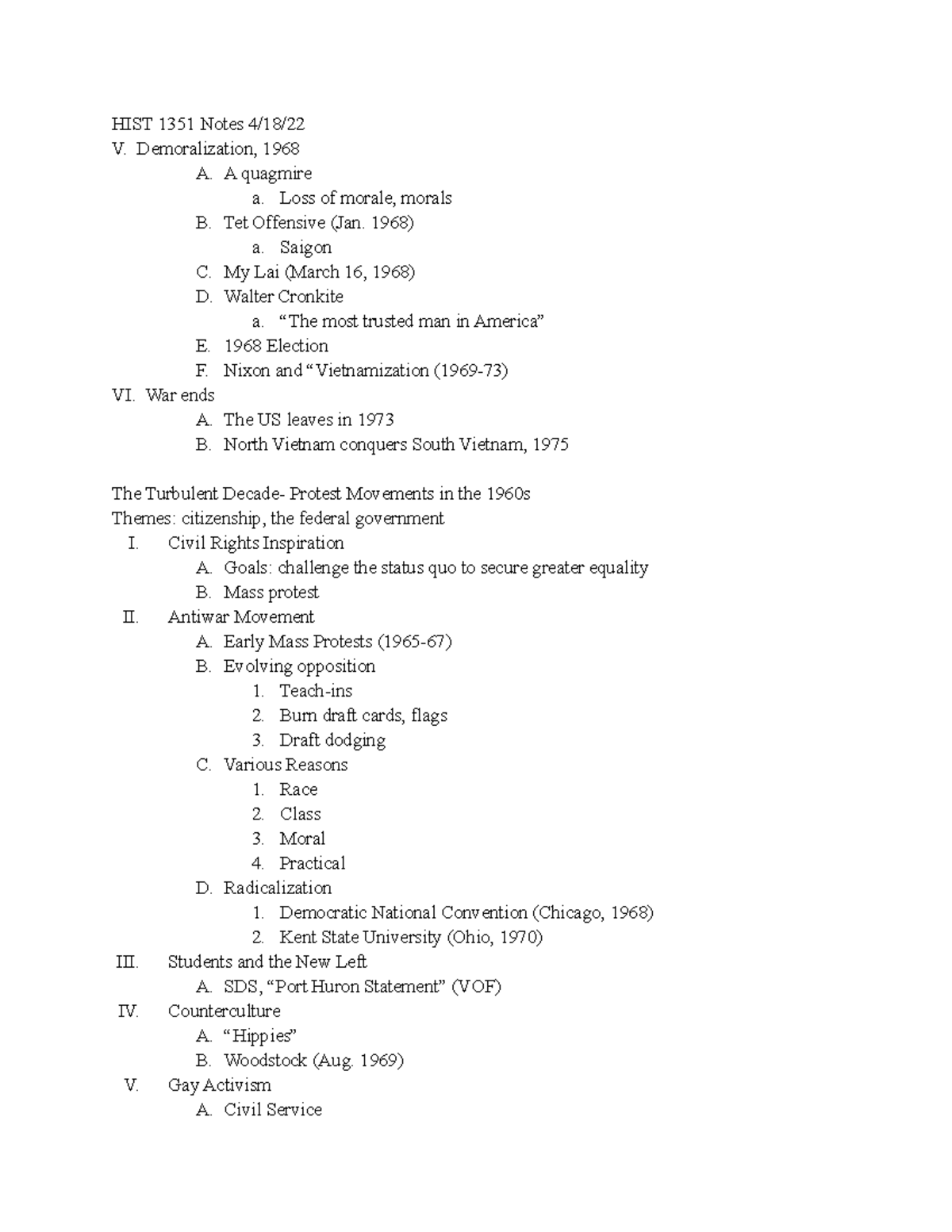 History US from 1877 - HIST 1351 Notes 4/18/ V. Demoralization, 1968 A ...