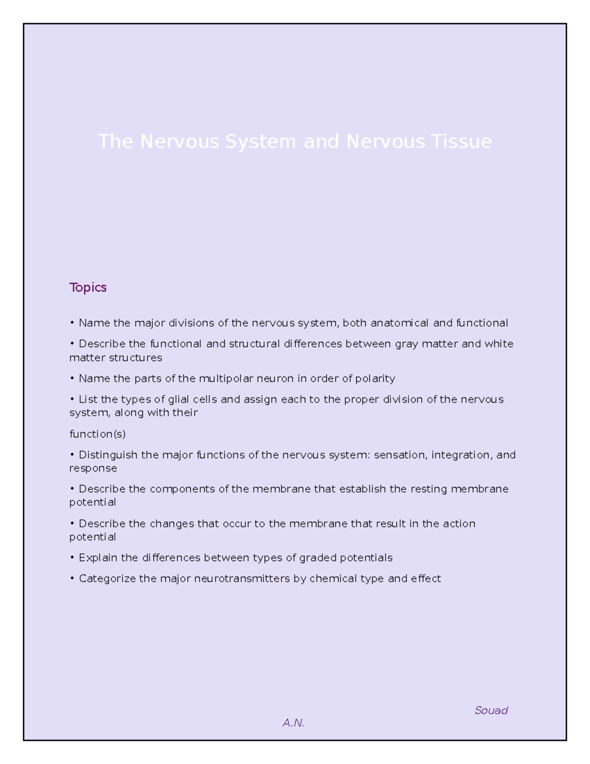 Human Anatomy & Physiology HS 2211 Notes Chapter 12 - The Nervous ...