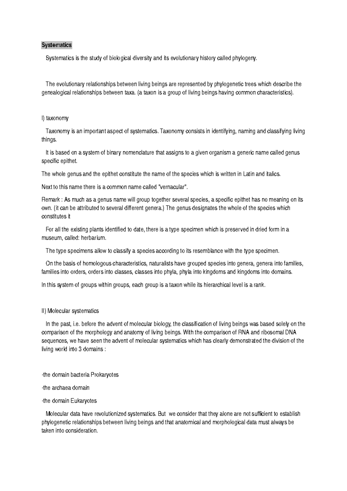 Systematics - Lecture notes 1 - Systematics Systematics is the study of ...