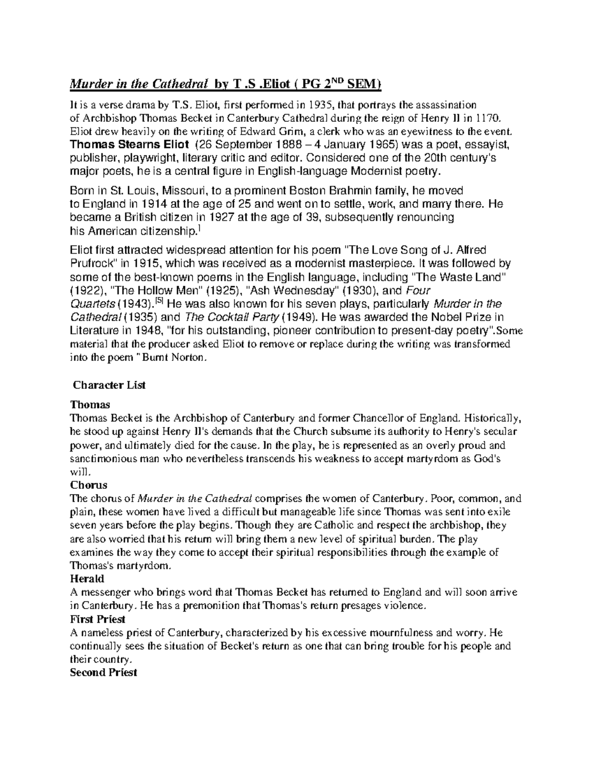 Murder in the Cathedral - S .Eliot ( PG 2ND SEM) It is a verse drama by ...