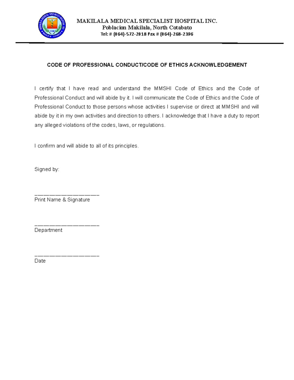 CODE OF Professional Conduct - MAKILALA MEDICAL SPECIALIST HOSPITAL INC ...