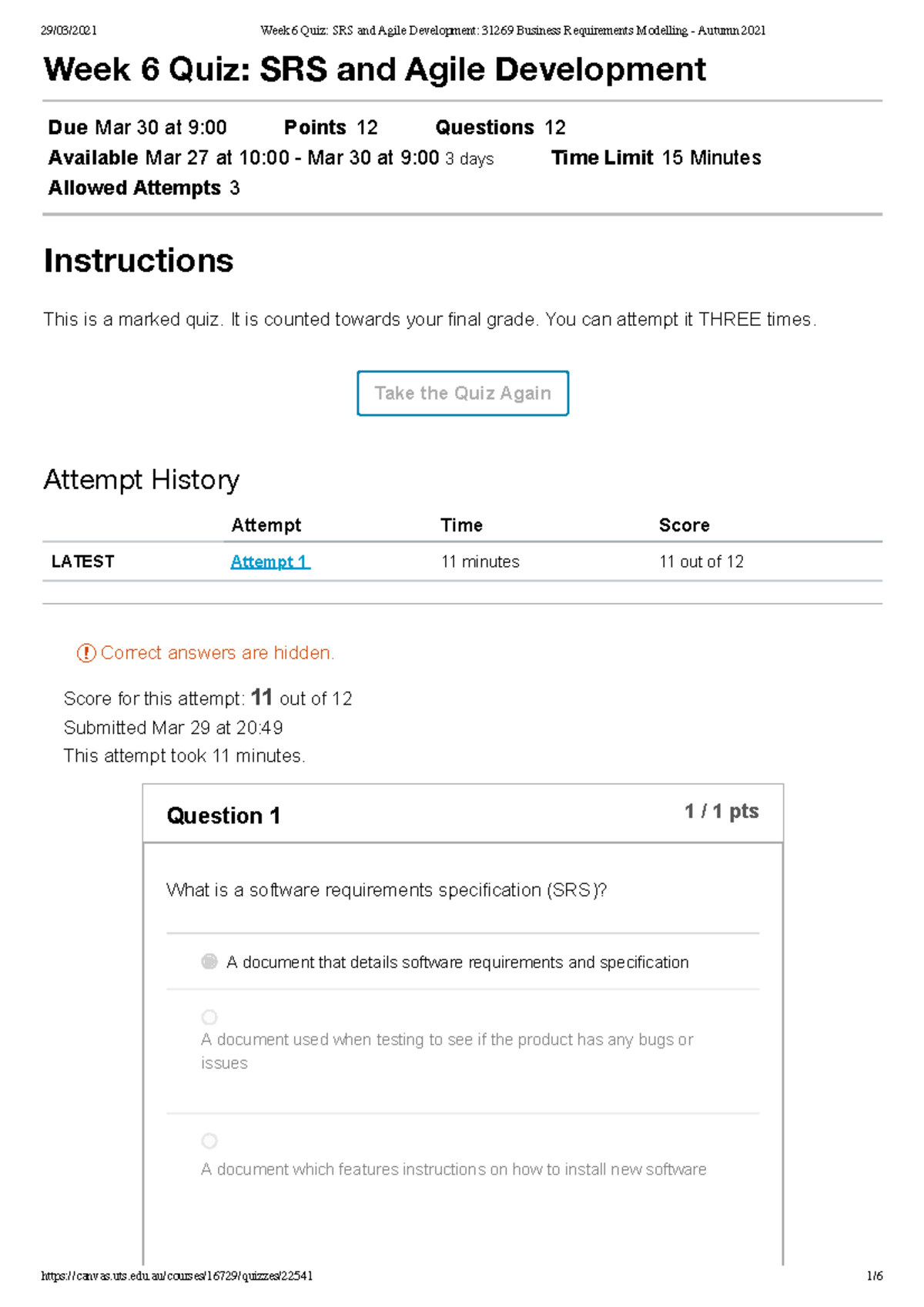 Weekly Quiz 6 Attempt 4 - 031269 - Studocu