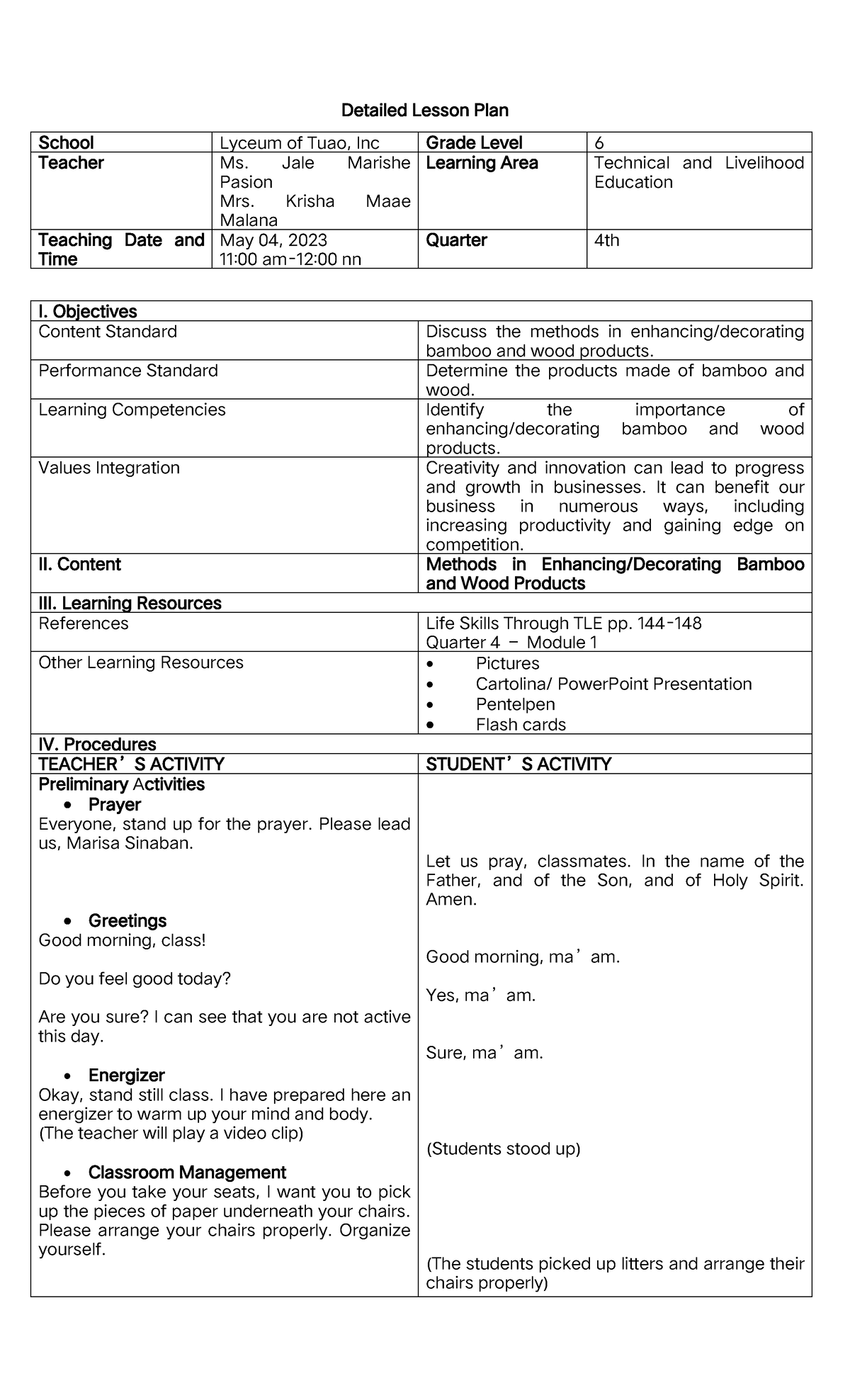 DLP in TLE 6 - Detailed Lesson Plan School Lyceum of Tuao, Inc Grade ...