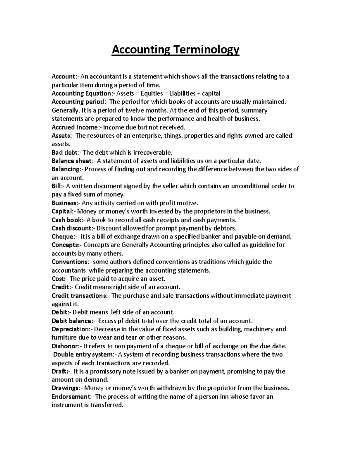 Notes -1 Accounting Terminology - Accounting Terminology Account:- An ...