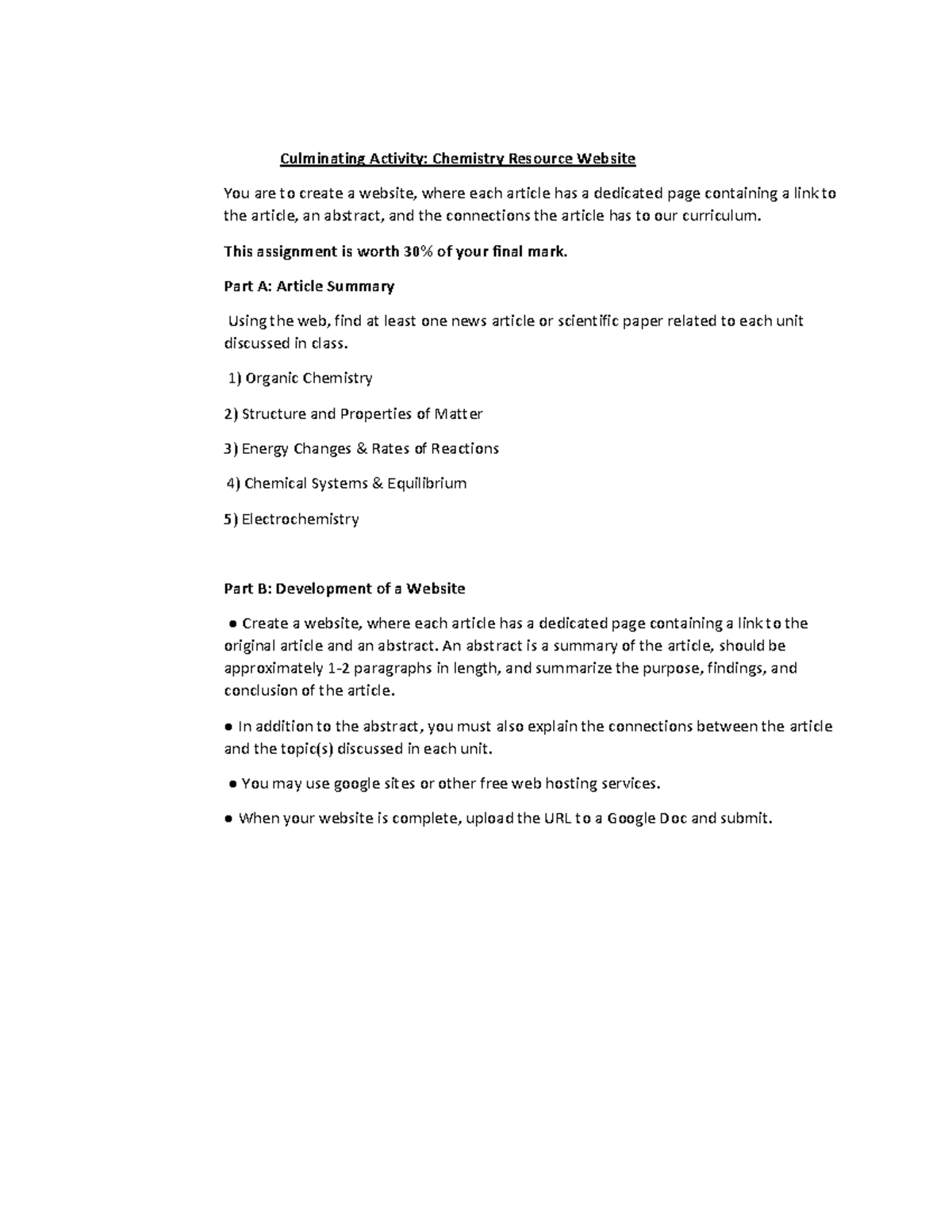 SCH 4U-Culminating - Final Assignment - Culminating Activity: Chemistry ...