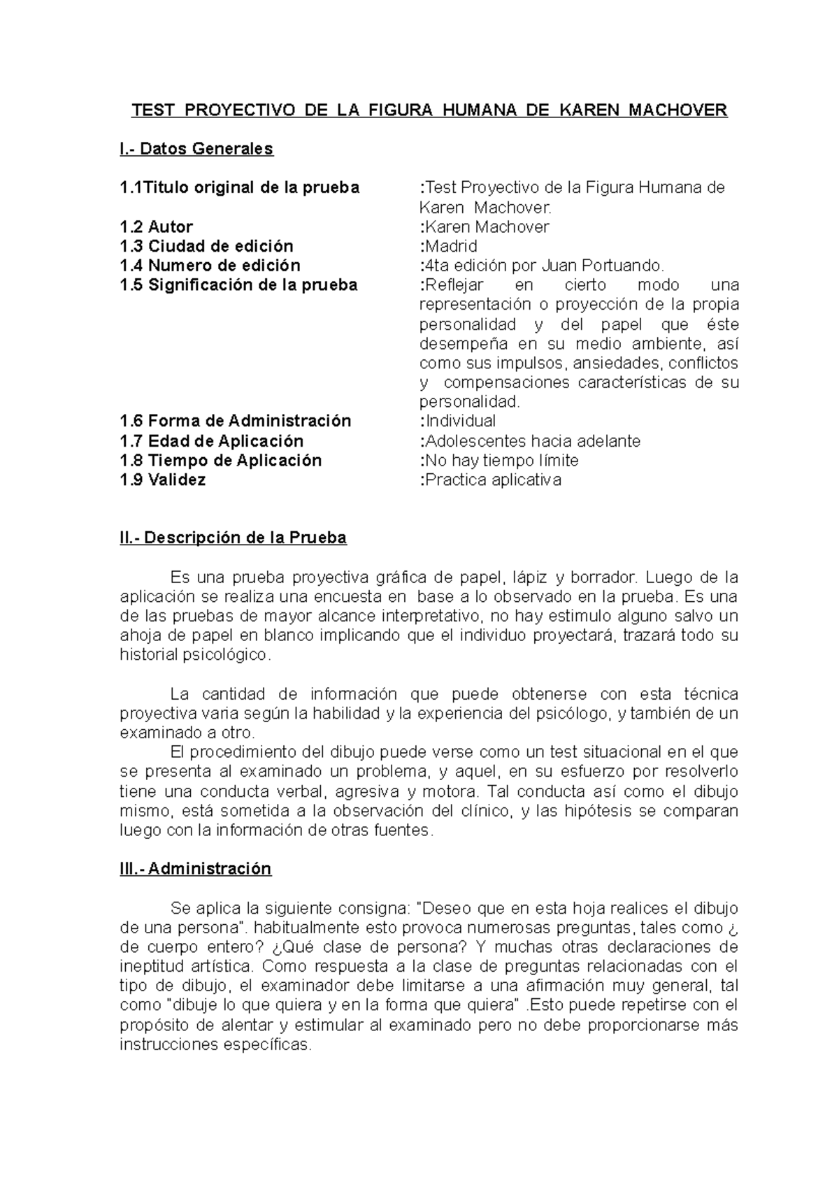 Ficha técnica Machover - TEST PROYECTIVO DE LA FIGURA HUMANA DE KAREN ...