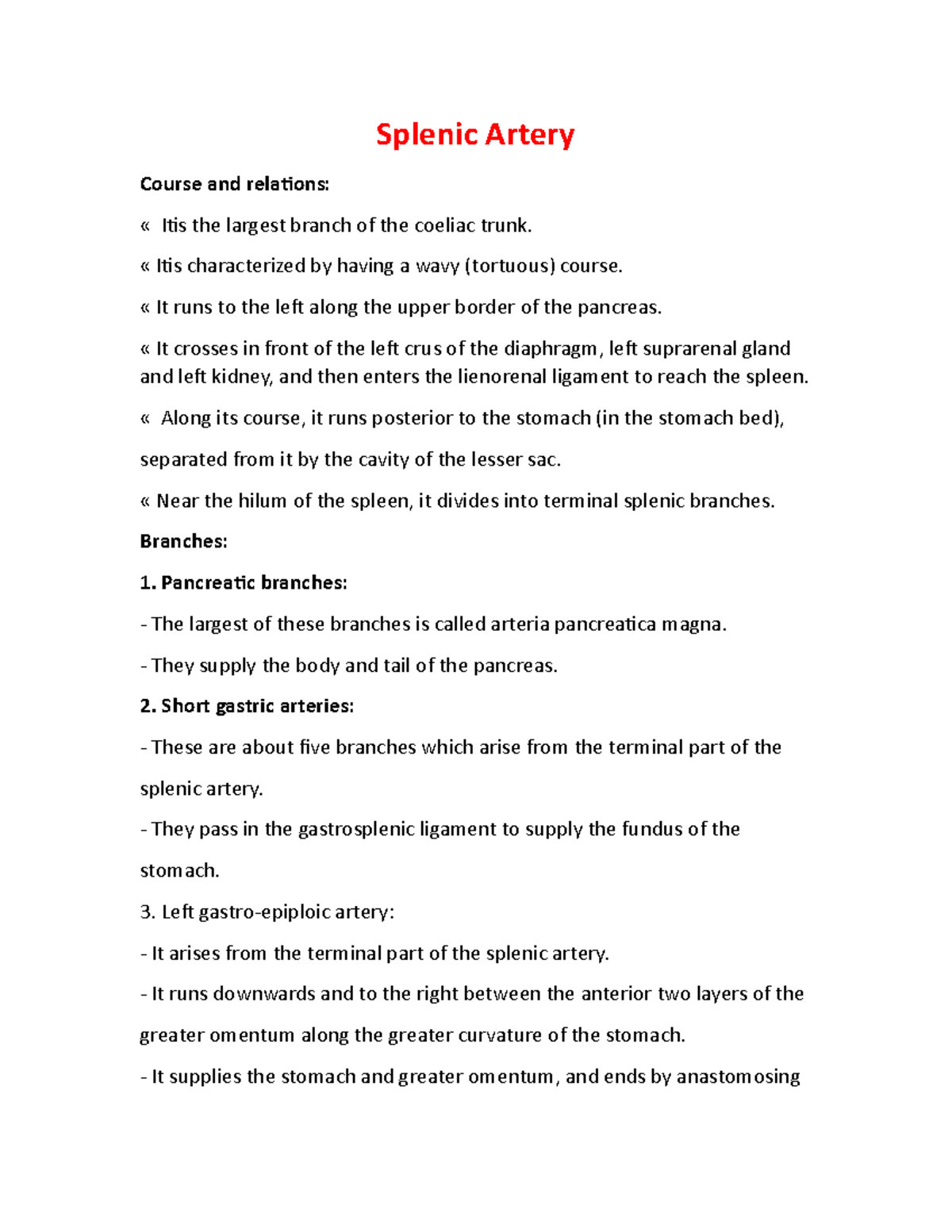 Splenic Artery - Splenic Artery Course and relations: « Itis the ...