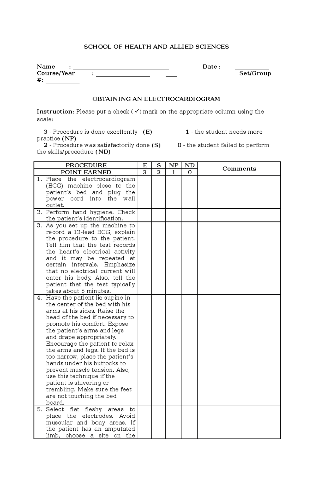 ECG & Tracheostomy Return Demonstration Checklist - SCHOOL OF HEALTH ...
