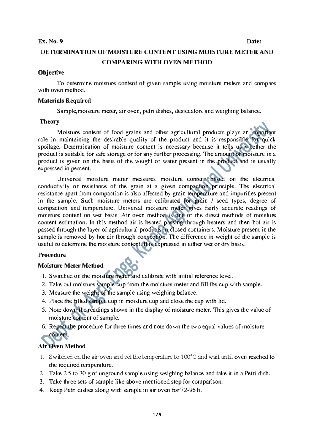 Apfe practical 9 - determination of moisture content - Ex. No. 9 Date ...