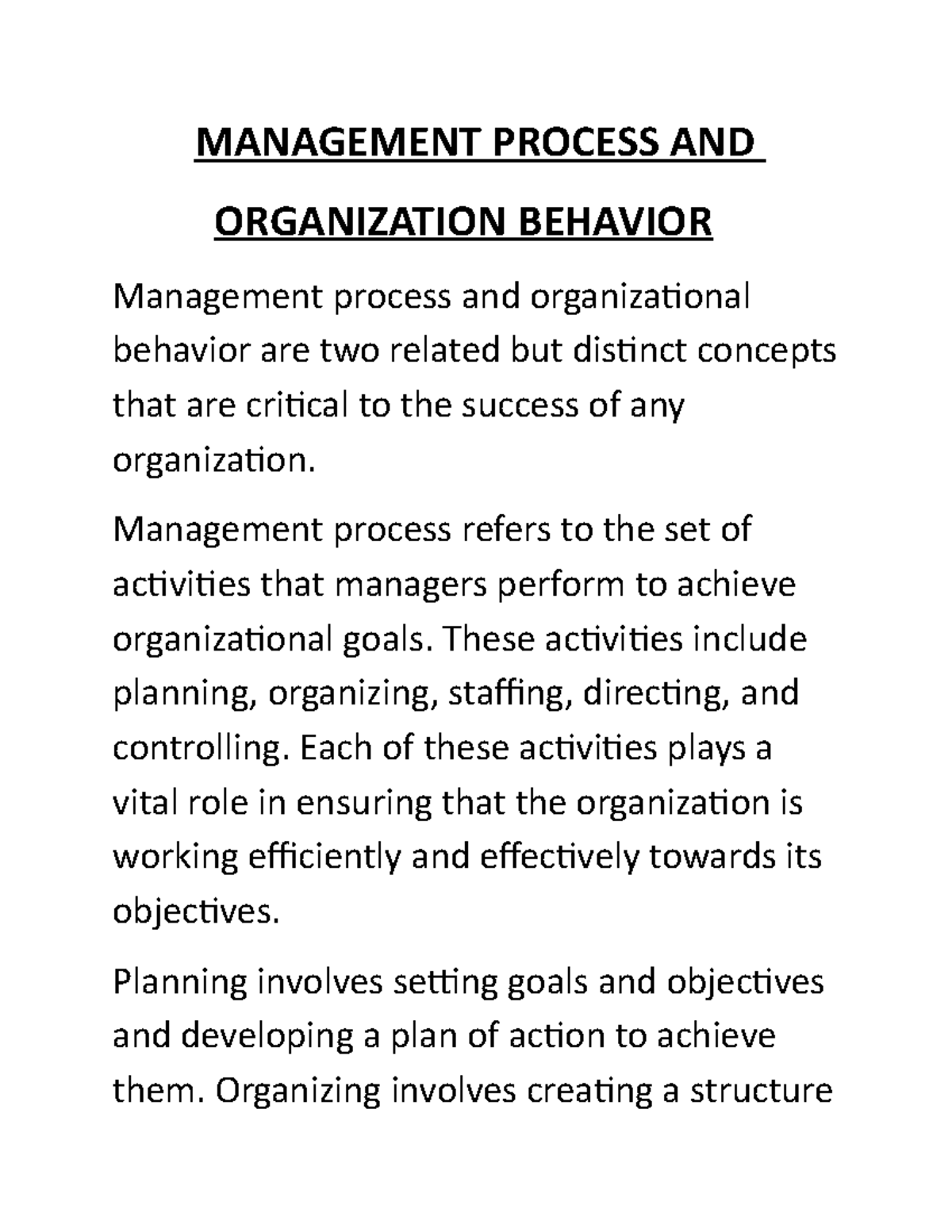 Management Process AND Organization Behavior - MANAGEMENT PROCESS AND ...