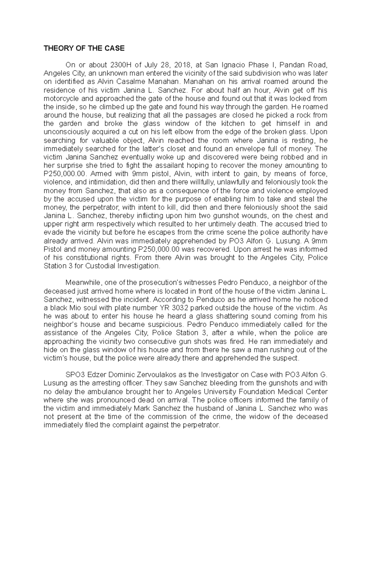 Abique - Example of police report - THEORY OF THE CASE On or about ...