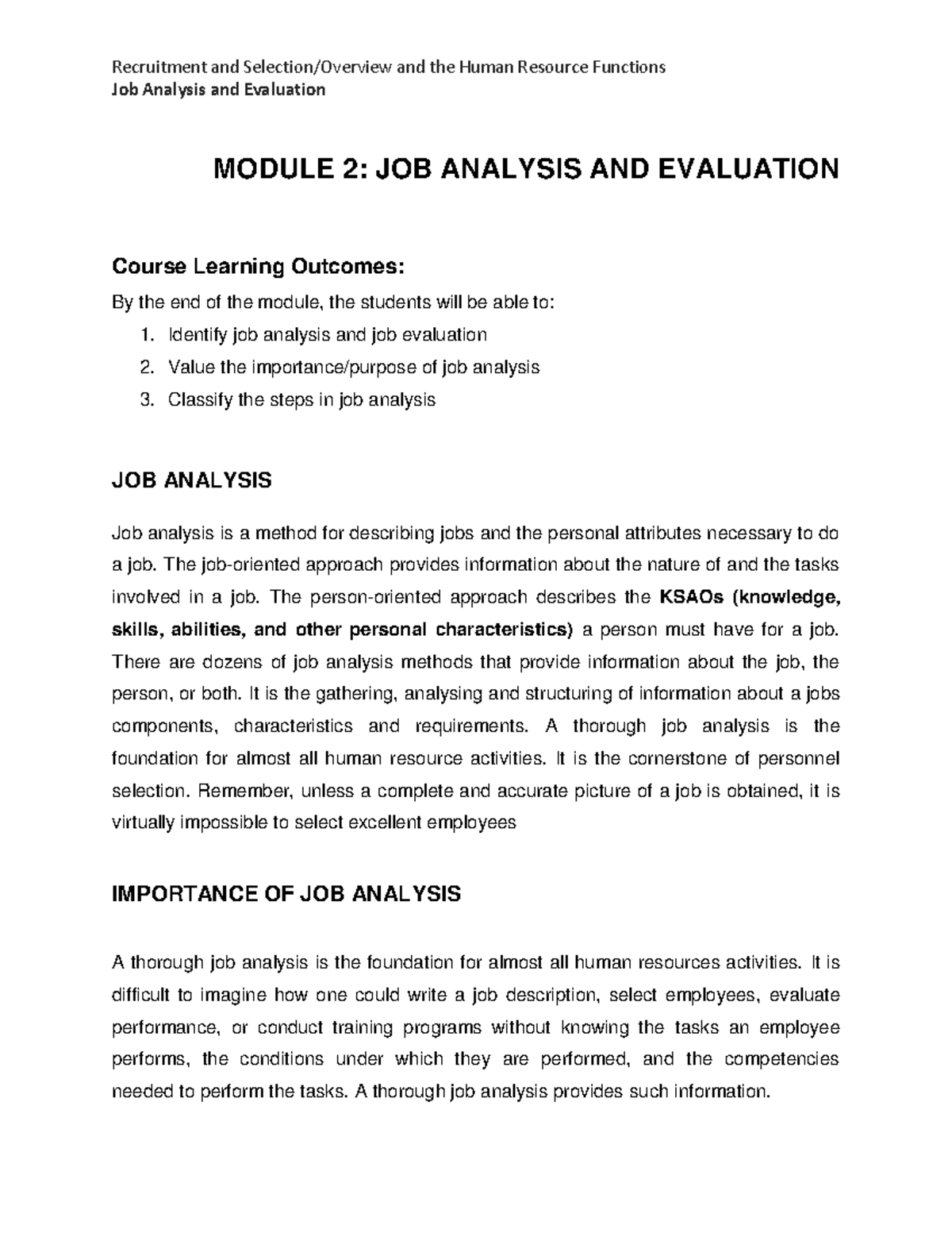 W1 W2 Module 2 Job Analysis and Evaluation 1 - Job Analysis and Evaluation MODULE 2: JOB ...