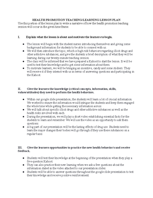 Teaching PLAN CHRA - HEALTH PROMOTION TEACHING/LEARNING PLAN LESSON ...