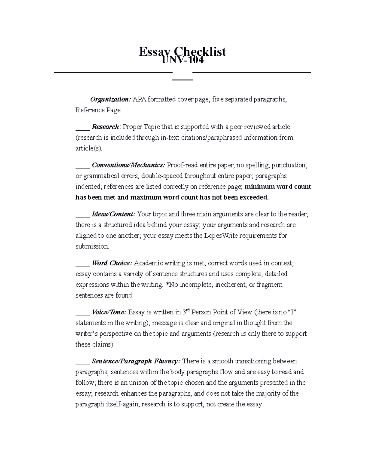UNV-104-RS-Essay Checklist - Essay Checklist UNV