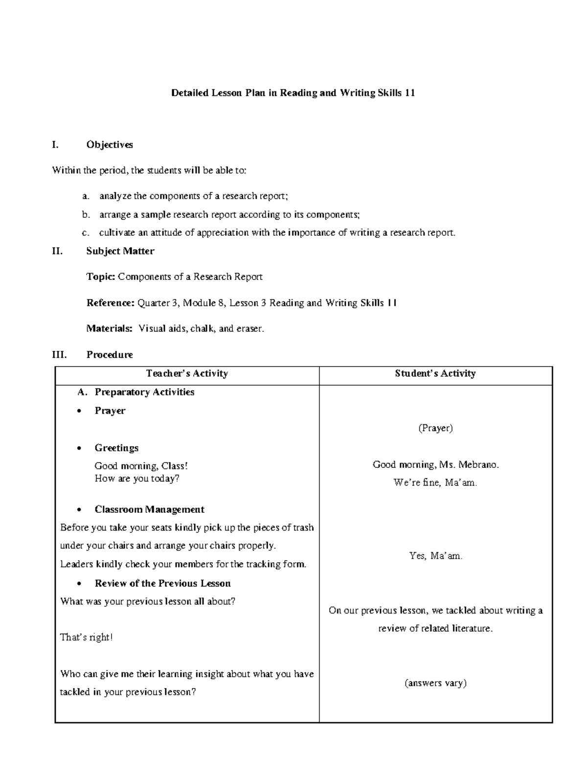 Research Report Detailed Lesson Plan in Reading and Writing Skills 11 ...