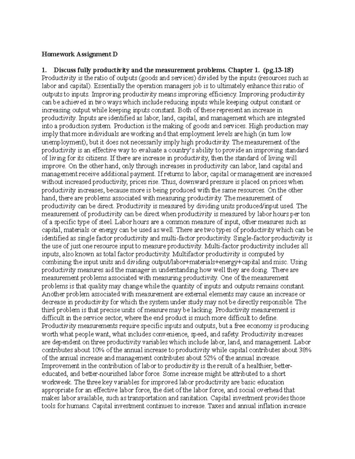 Homework D - Homework Assignment D Discuss fully productivity and the ...