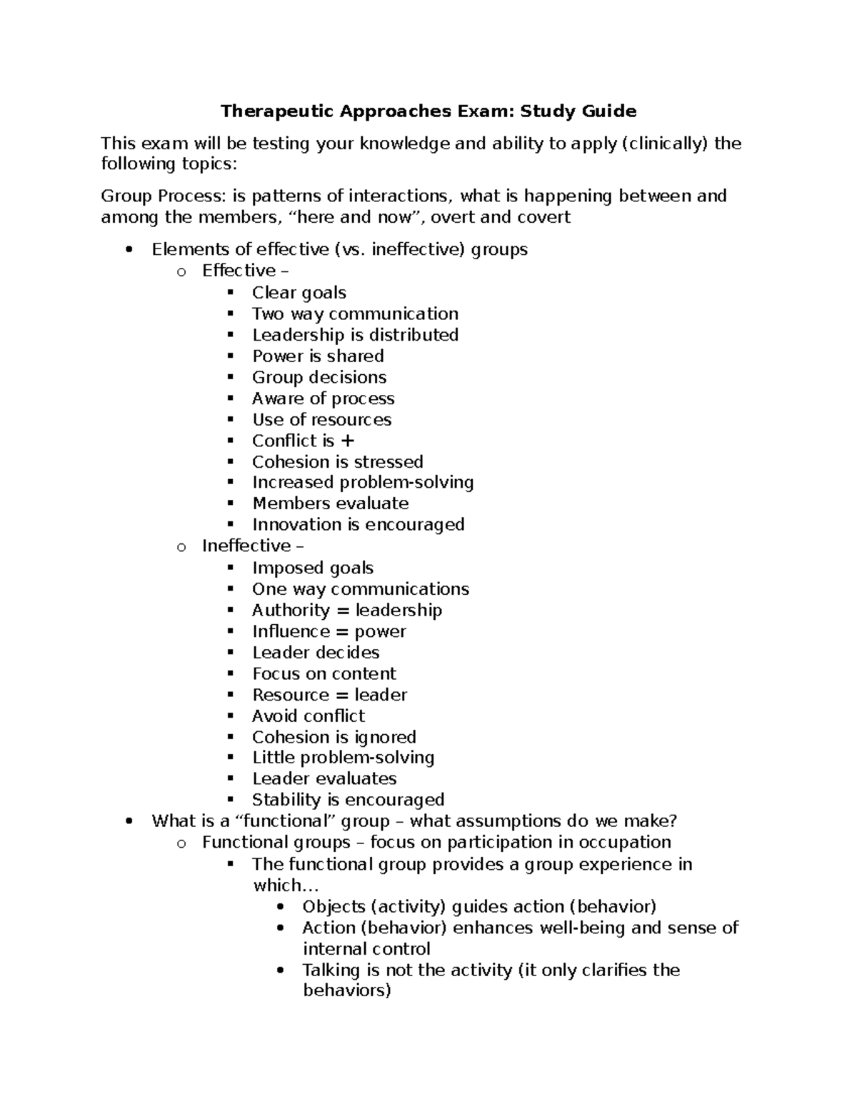 Therapeutic Approaches Exam Study Guide - ineffective) groups o ...