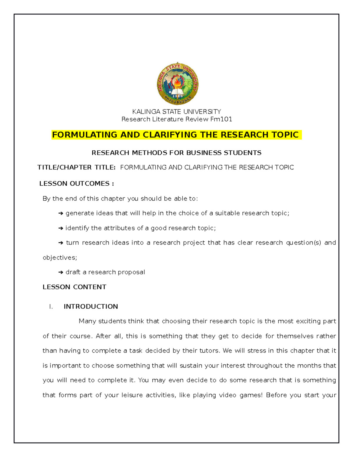 Formulating AND Clarifying THE Research Topic - KALINGA STATE UNIVERSITY Research Literature ...
