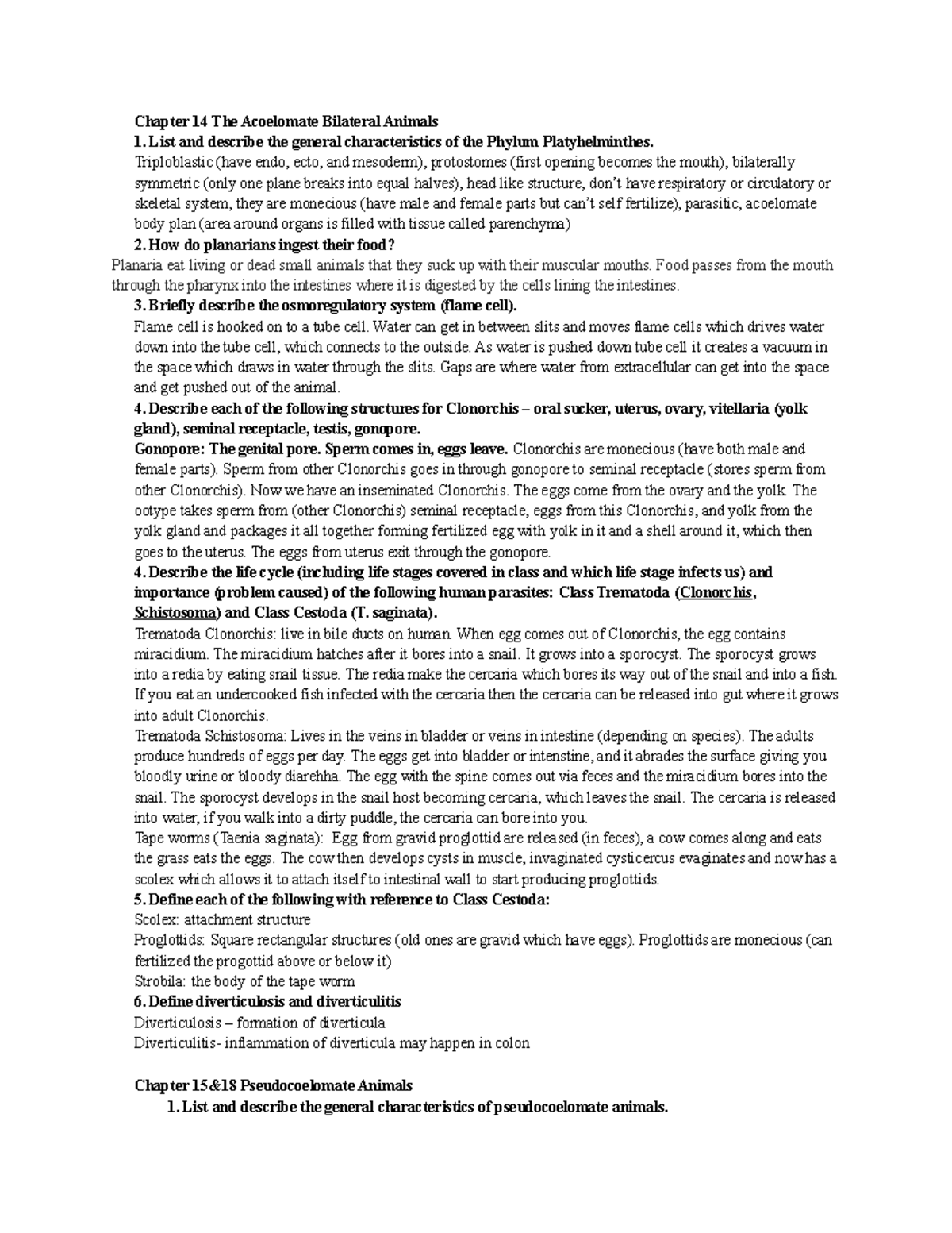 Exam 2 Notes - Zoology - **Chapter 14 The Acoelomate Bilateral Animals ...