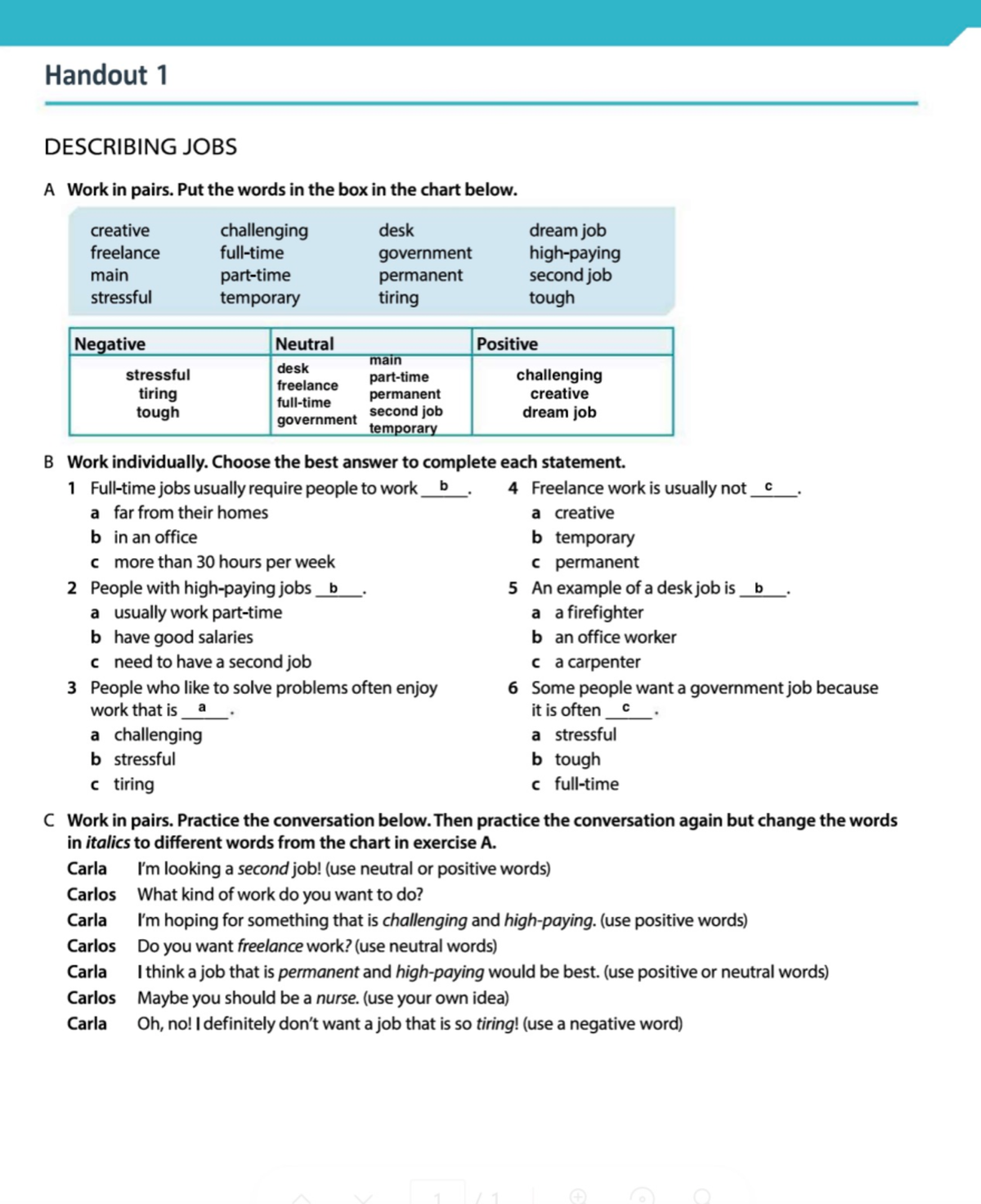 Handout Curso ingles IV - Handout 1 DESCRIBING JOBS A Work in pairs ...
