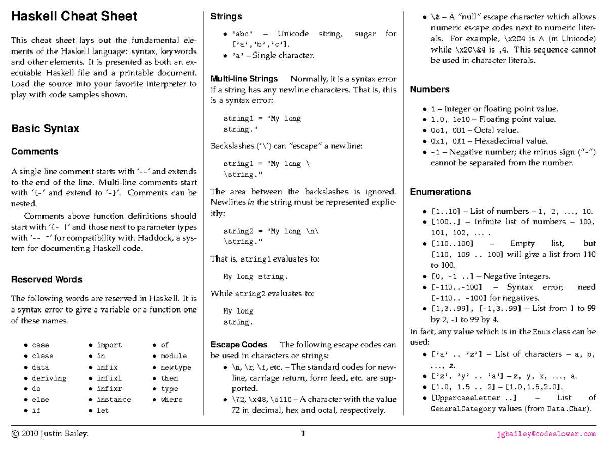 Haskell Cheat Sheet Haskell Cheat Sheet This Cheat Sheet Lays Out The Fundamental Ele Ments