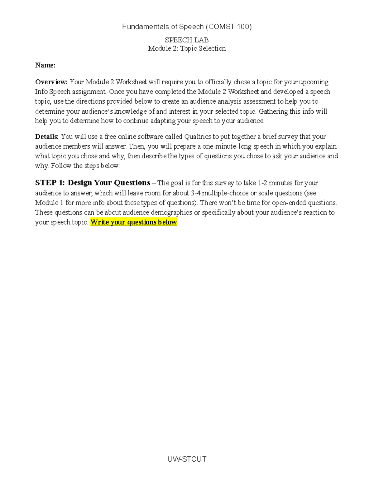 Module 2 Lab - An easy practice speech. Used in Stout's speech labs to ...