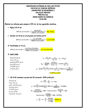 Calculos previos bioquimica I (práctica 2) - Bioquímica - UASLP - Studocu