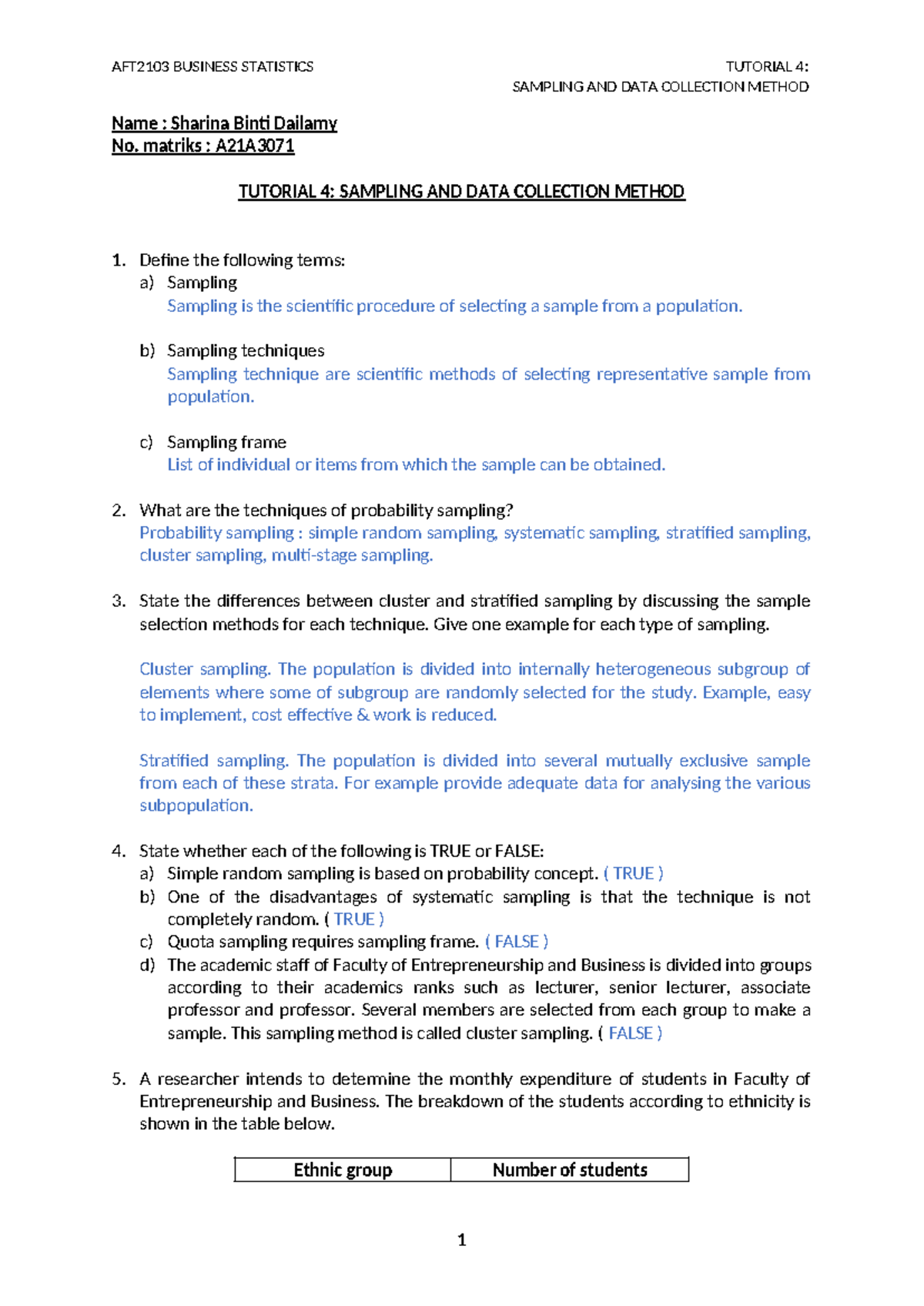 Tutorial 4 Sampling and Data Collection Method (answer) - SAMPLING AND ...