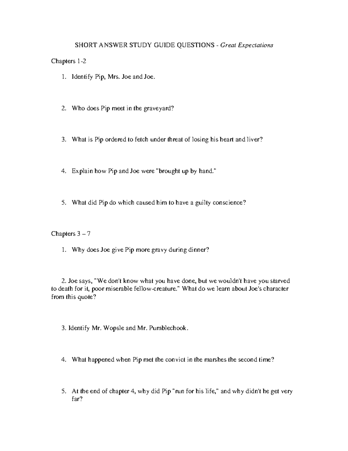 Great Expectations Reading Guide - SHORT ANSWER STUDY GUIDE QUESTIONS ...