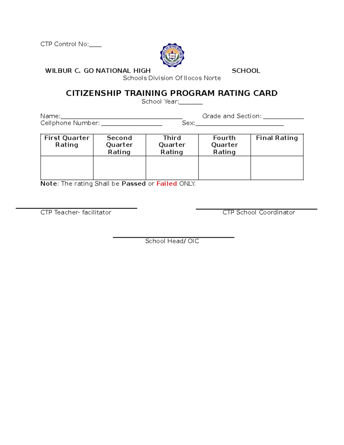 CTP Rating Card - Citizenship Training Program - CTP Control No: WILBUR C. GO NATIONAL HIGH ...