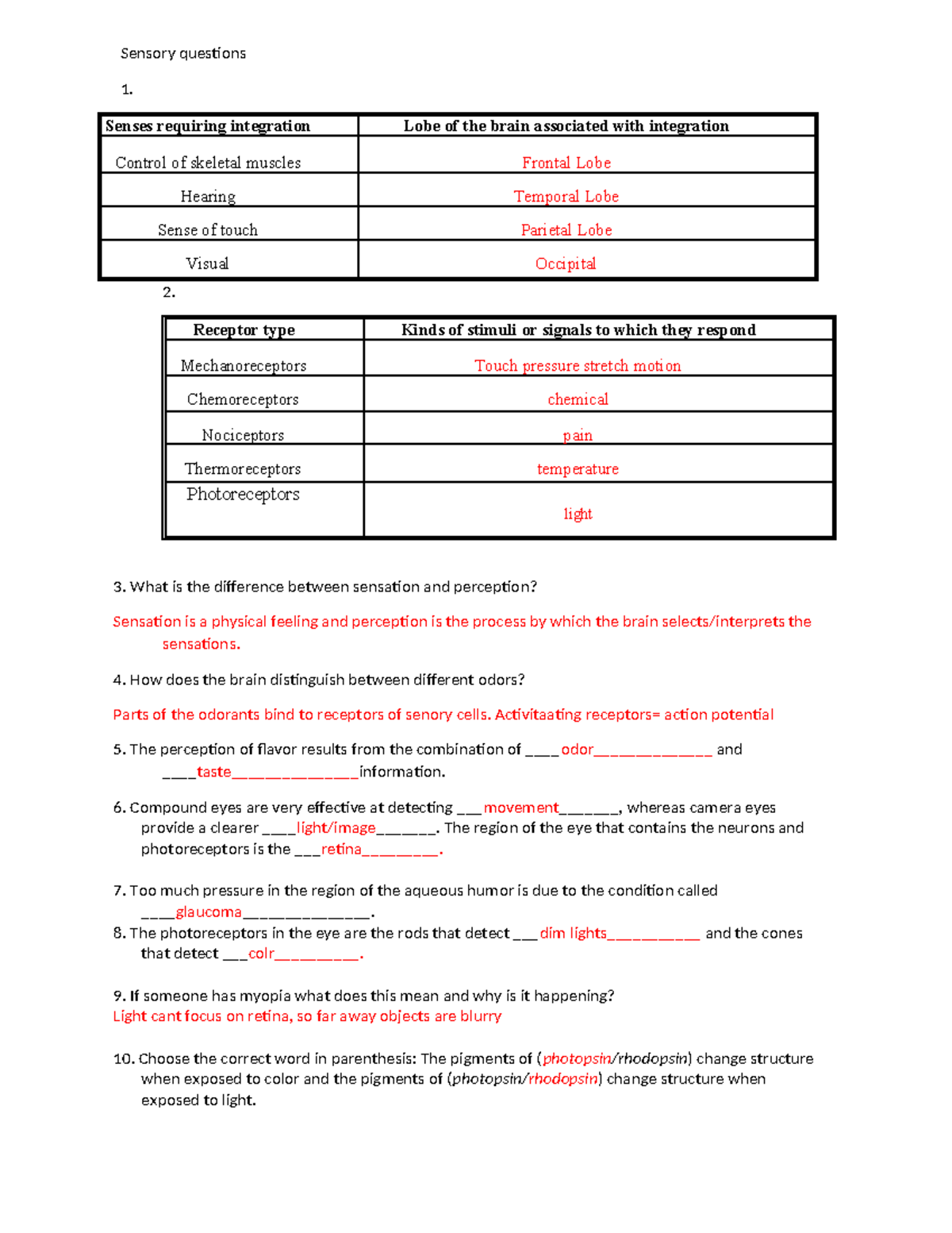 Sensory worksheet - Sensory questions 1. Senses requiring integration ...