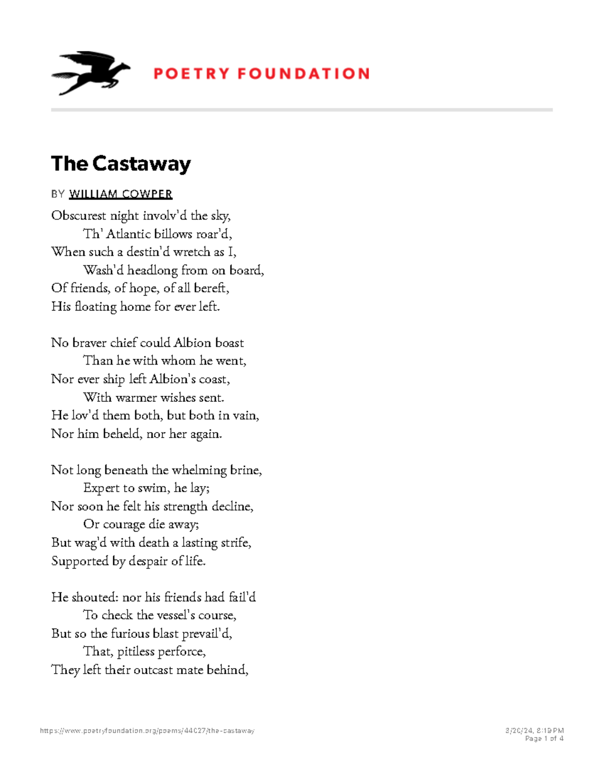 The Castaway by William Cowper Poetry Foundation - The Castaway BY WIL ...