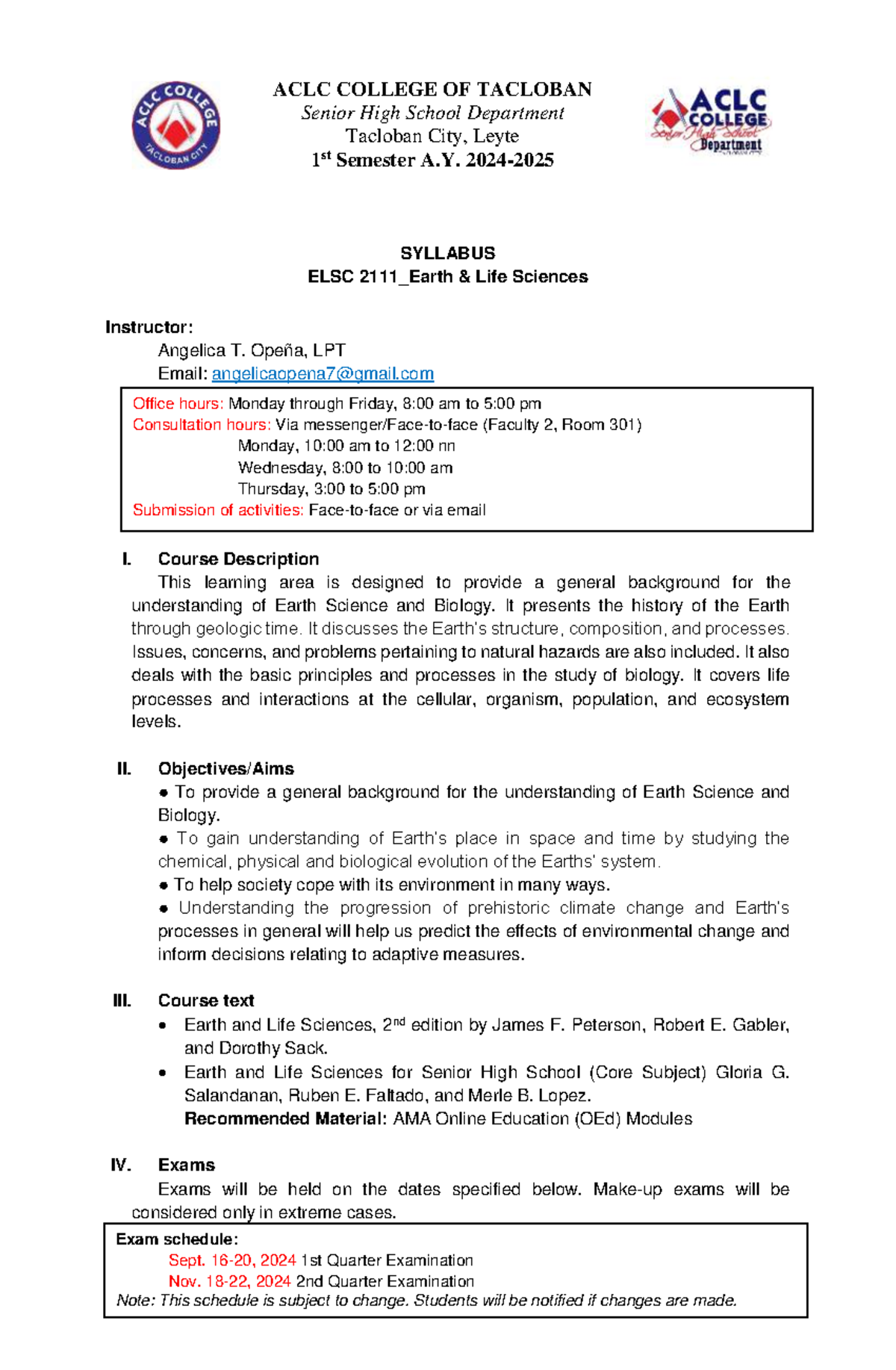 Earth Life Science Syllabus - Office hours: Monday through Friday, 8:00 ...