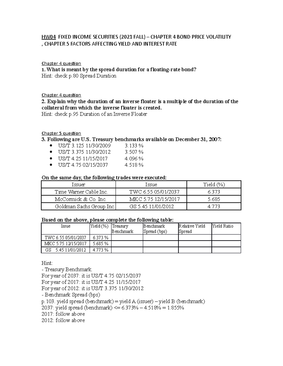 Fixed income securities Homework Chapter 4 and Chapter 5 - HW04 FIXED ...