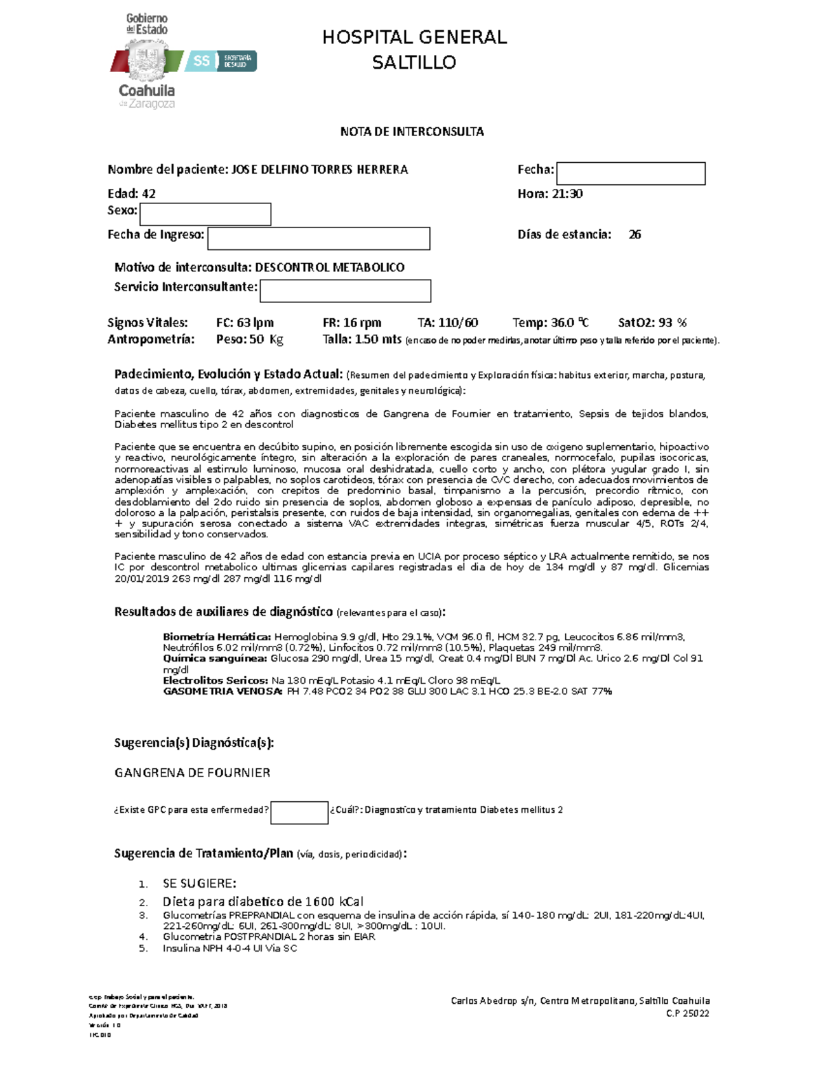 Interconsulta Gangrena DE Fournier - NOTA DE INTERCONSULTA Nombre del ...
