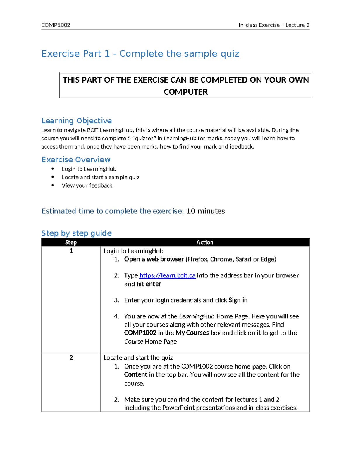 Lecture 2 -In-class exercise - Hardware and OS2 - Exercise Part 1 - Complete the sample quiz ...