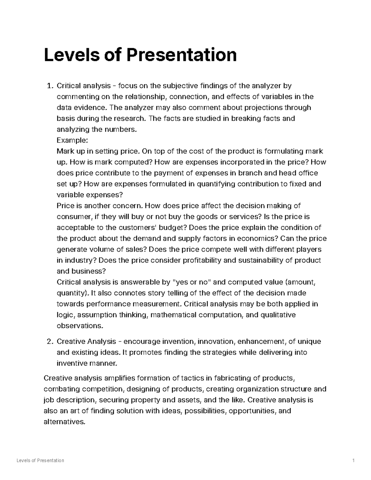 Levels of presentation - Levels of Presentation Critical analysis ...
