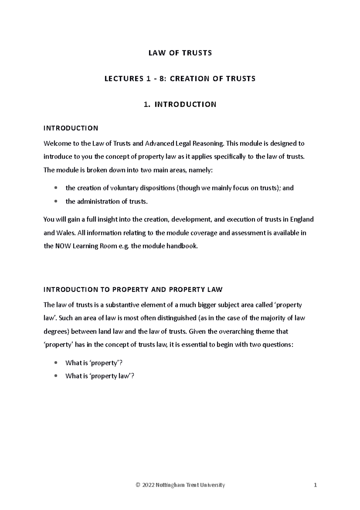 Lecture 1 - Introduction to the Law of Trusts - LAW OF TRUSTS LECTURES ...