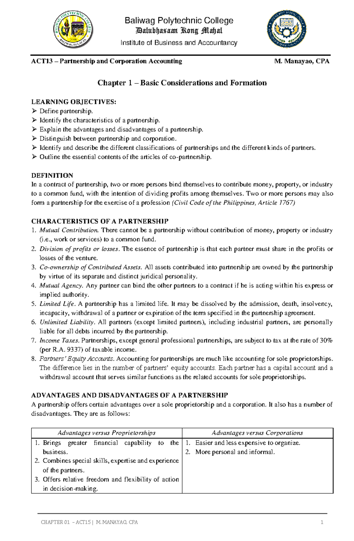 Chapter 1 - Basic Considerations and Formation (part 1) - ACT13 – Partnership and Corporation ...